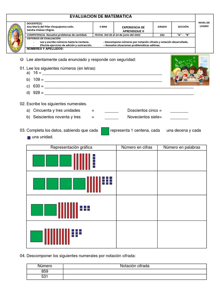 EVALUACIÓN DE MATEMÁTICA 2do grado II Experiencia de Aprendizaje (4 ...