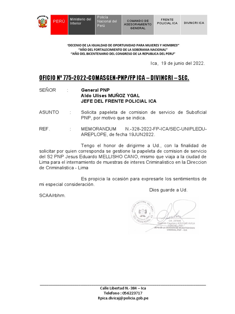 Oficio Solicitando Papeleta de Comisión | PDF