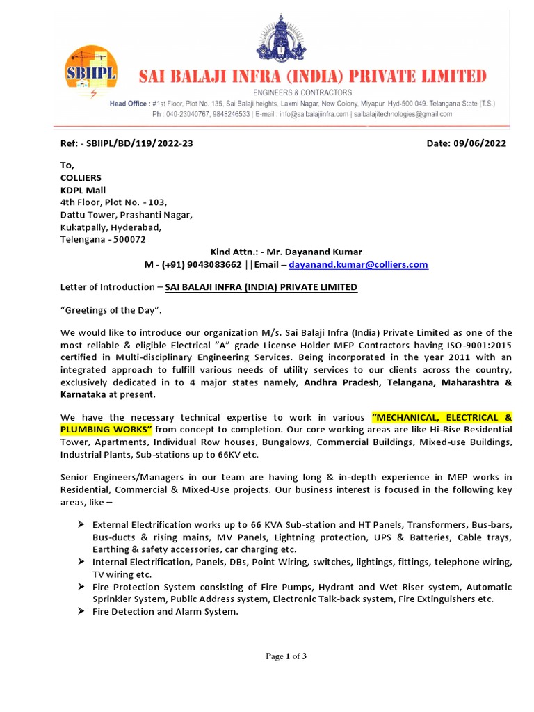 Letter of Introduction To Colliers (KDPL Mall Project) - 119 Dt. 09.06. ...