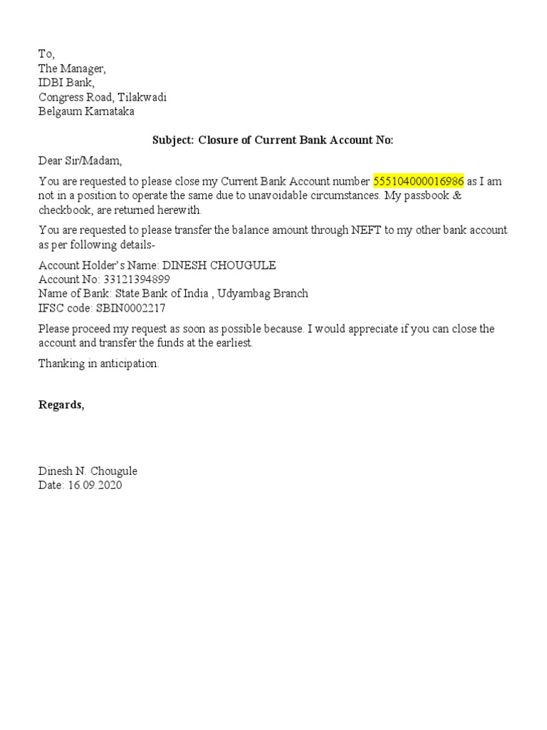 Closing Bank Account Letter Bank Account Closing Letter | PDF