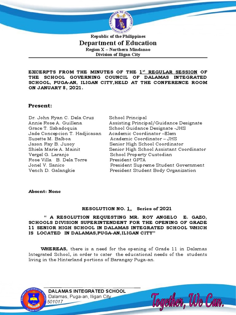 Resolution for Grade 11 Opening at Dalamas | PDF