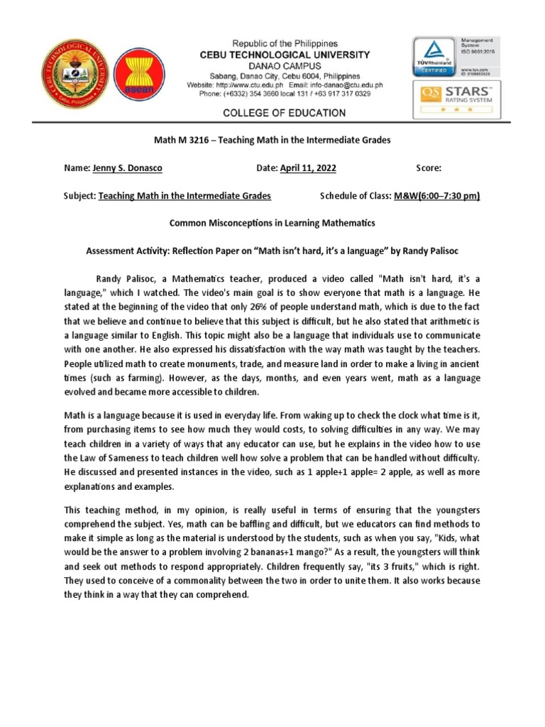 Assessment Activity (Reflection Paper) | PDF | Teaching Mathematics ...