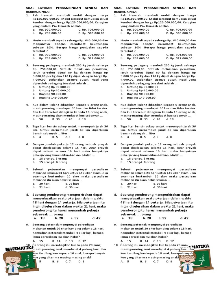 Soal Latihan Perbandingan Senilai Dan Berbalik Nilai | PDF
