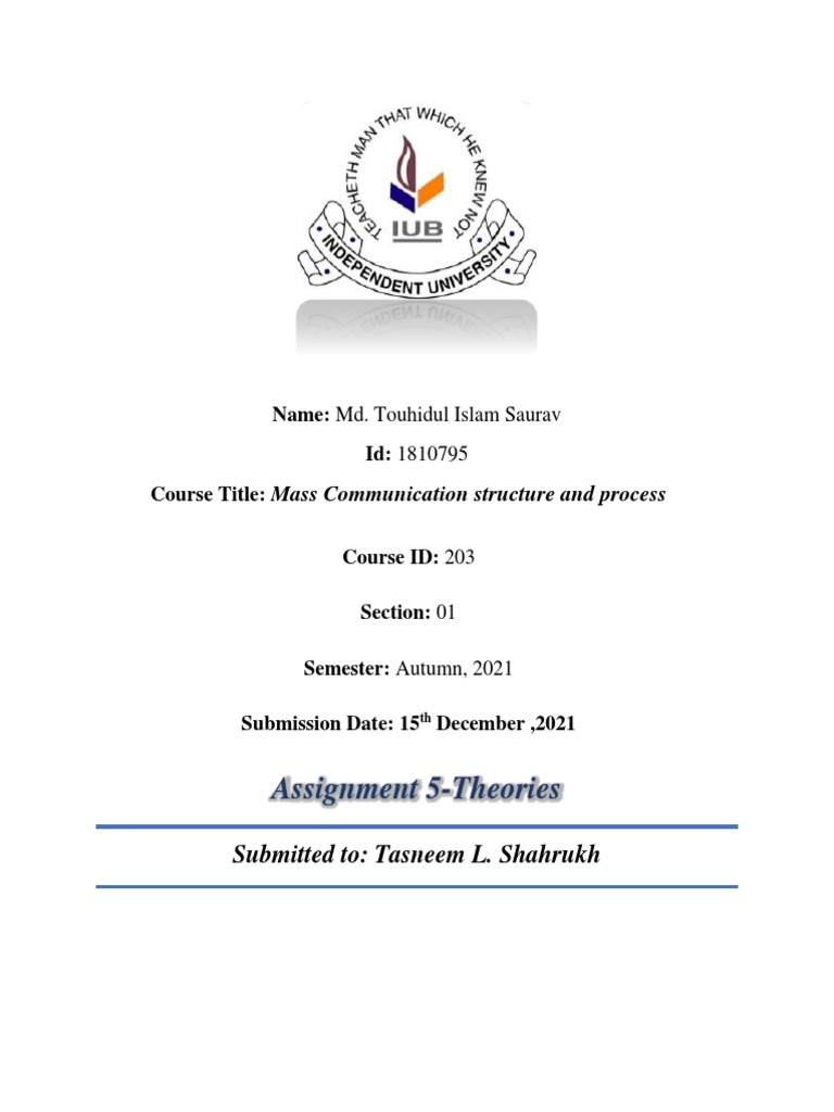 Assignment 5-Theories: Submitted To: Tasneem L. Shahrukh | PDF | Cognition | Communication