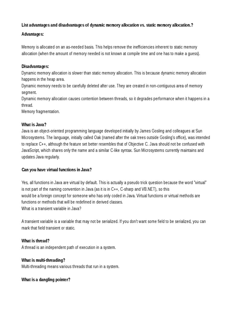 List Advantages and Disadvantages of Dynamic Memory Allocation vs ...