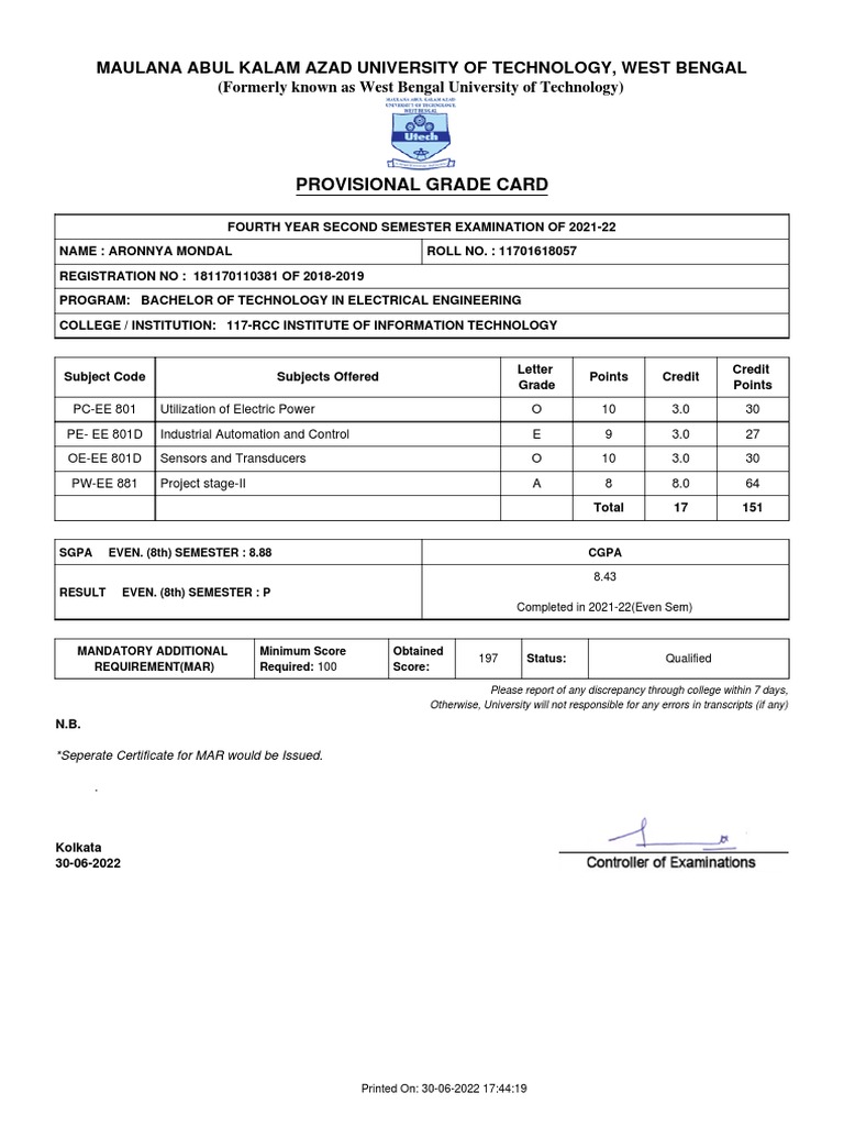 Provisional Grade Card: Maulana Abul Kalam Azad University of ...