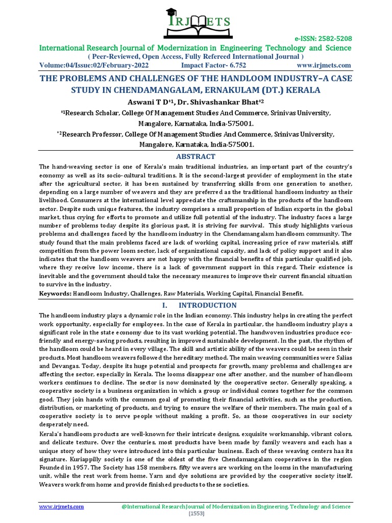 The Problems and Challenges of The Handloom Industry-A Case Study in Chendamangalam, Ernakulam ...