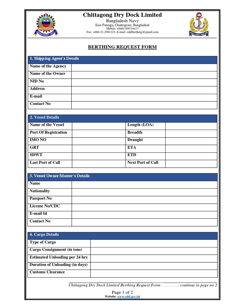 Chittagogong Dry Dock Limited Berthing Request Form | PDF | Shipping ...