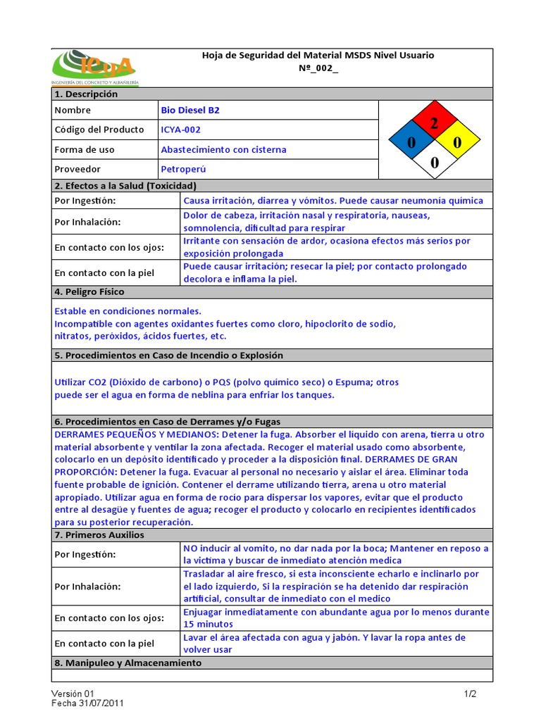 MSDS 002 Bio Diesel B2 | PDF | Agua | Cloro