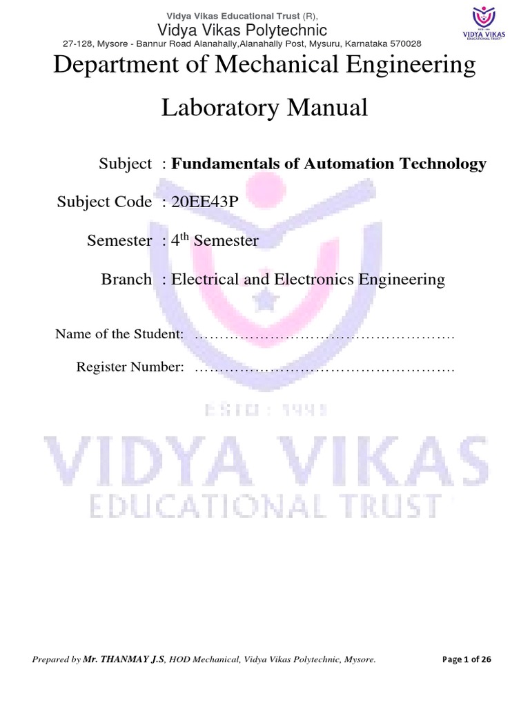 Fundamentals of Automation Technology 20EE43P C-20 Lab Manual | PDF ...