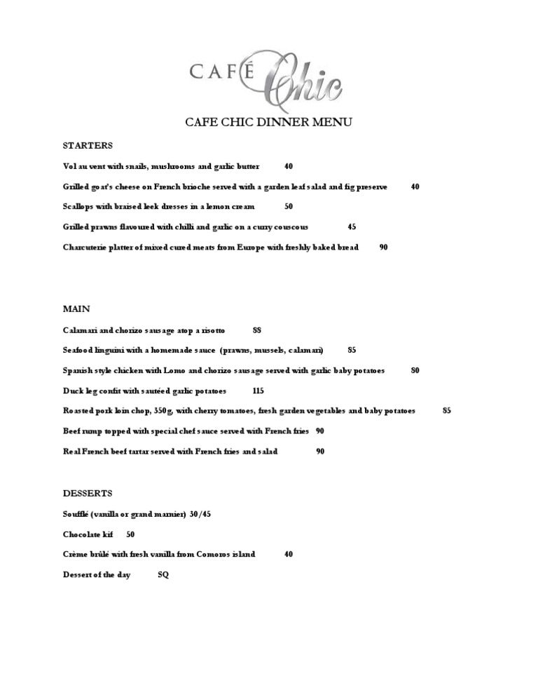 Cafe Chic Dinner Menu May 2011 | PDF | Cooking, Food & Wine