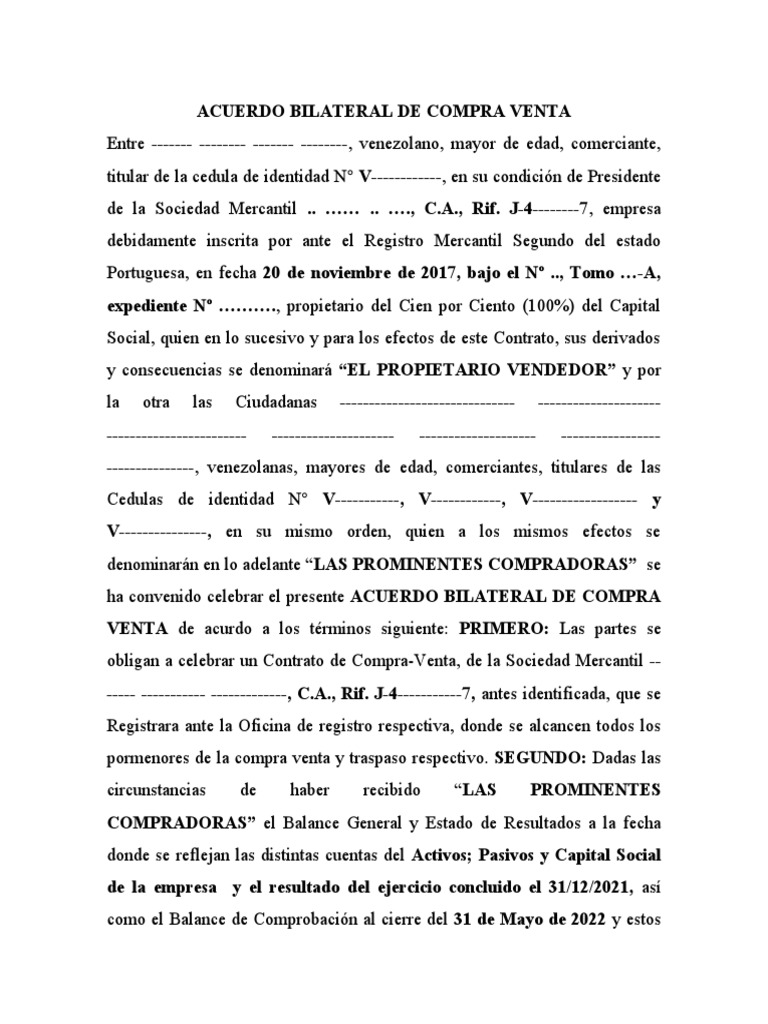 Modelo Acuerdo Bilateral de Compra Venta | Descargar gratis PDF | Business
