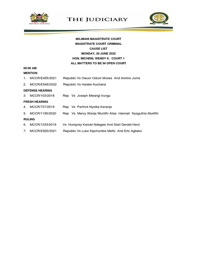 Milimani Law Courts Cause List for Monday 20th June 2022 | PDF ...
