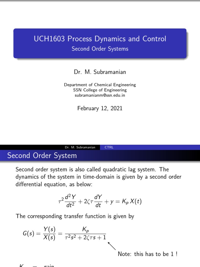 UCH1603 Process Dynamics and Control: Second Order Systems | PDF | Damping | Physics