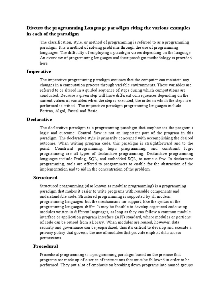 Discuss The Programming Language Paradigm Citing The Various Examples ...