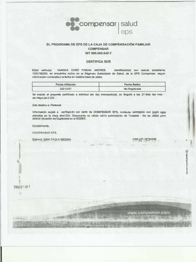 Certificado Eps Compensar | PDF