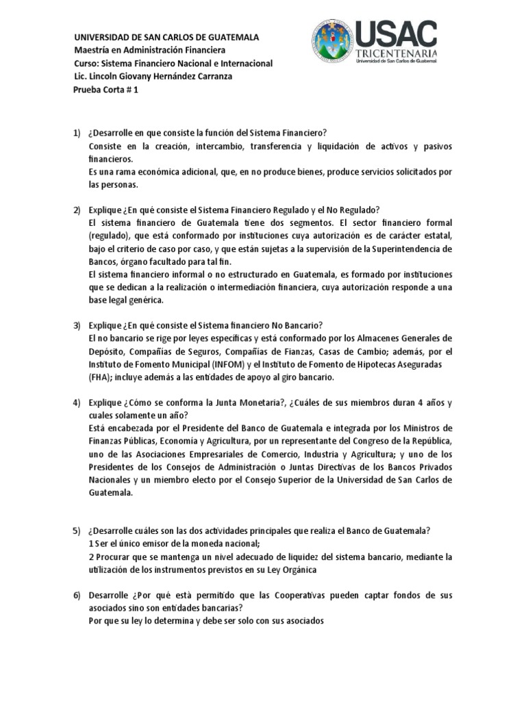 Prueba Corta # 1 Sistema Financiero | Descargar gratis PDF | Bancos ...