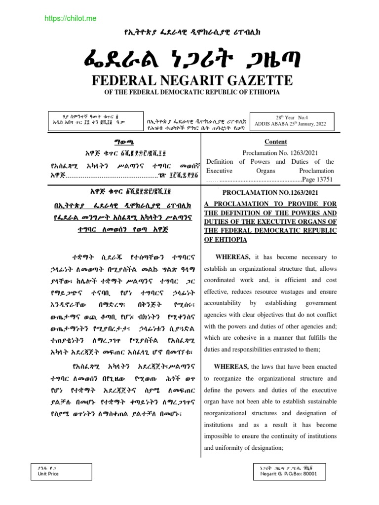 Proclamation NO. 1263 2021 Definition of Powers and Duties of The ...