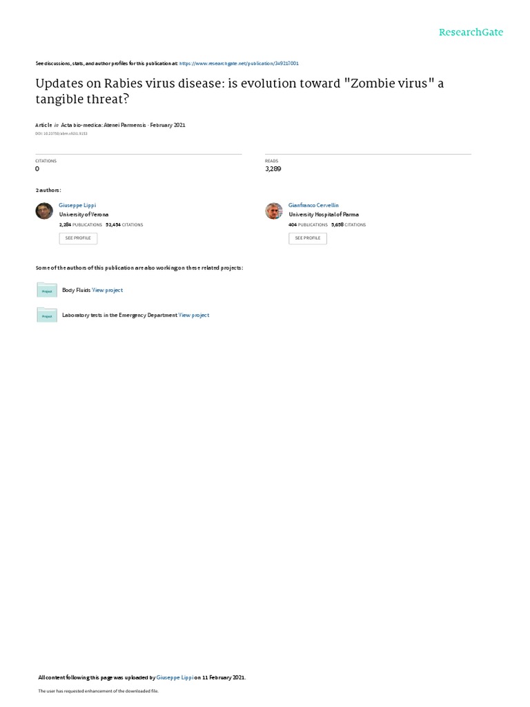 Updates On Rabies Virus Disease: Is Evolution Toward "Zombie Virus" A ...