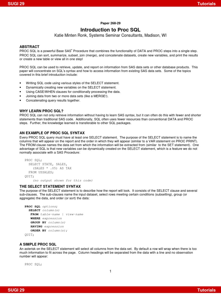 Proc SQL | PDF