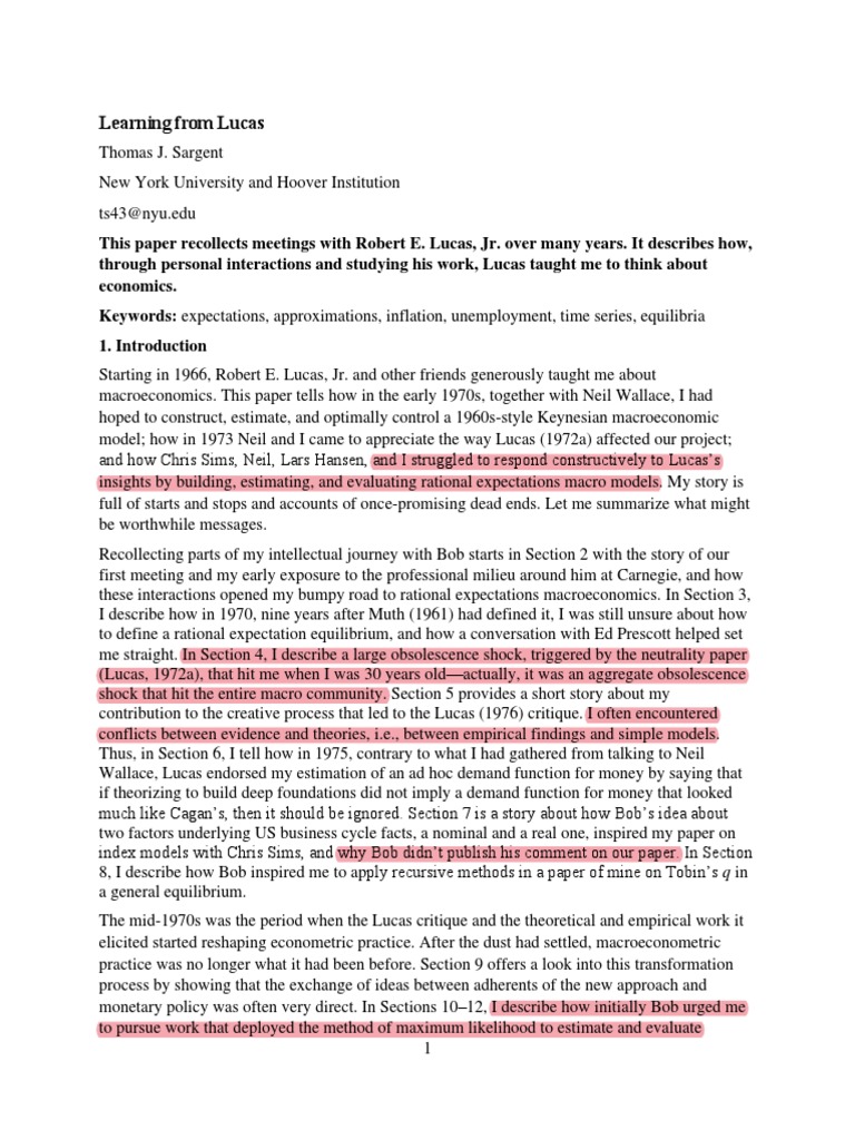 Learning From Lucas | PDF | Rational Expectations | Econometrics