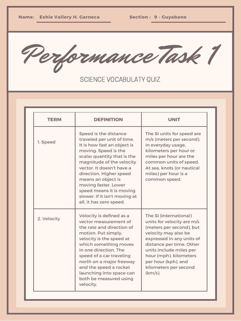 Performance Task 1: Science Vocabulaty Quiz | PDF | Speed | Force