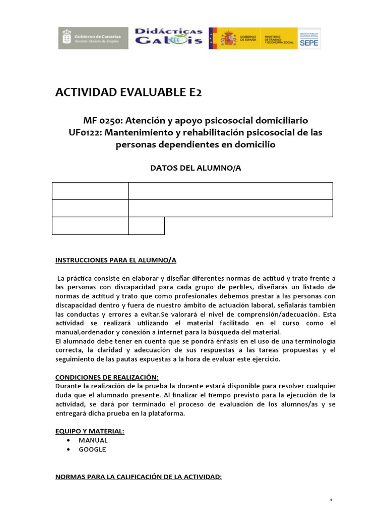 Actividad Evaluable 2 Uf0122 | PDF | Discapacidad intelectual | Invalidez