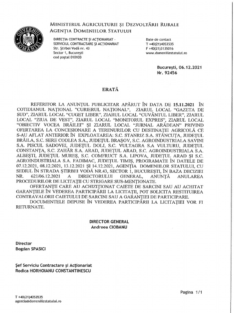 Erata La Anuntul de Concesionare Din 15.11.2021 | PDF
