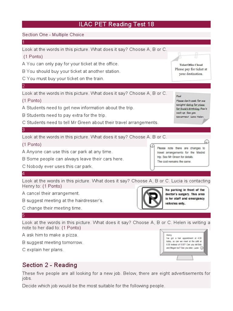 ILAC PET Reading Test 18 | PDF