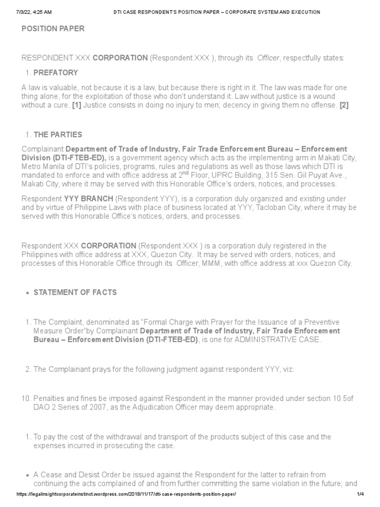 Dti Case Respondent's Position Paper - Corporate System and Execution ...