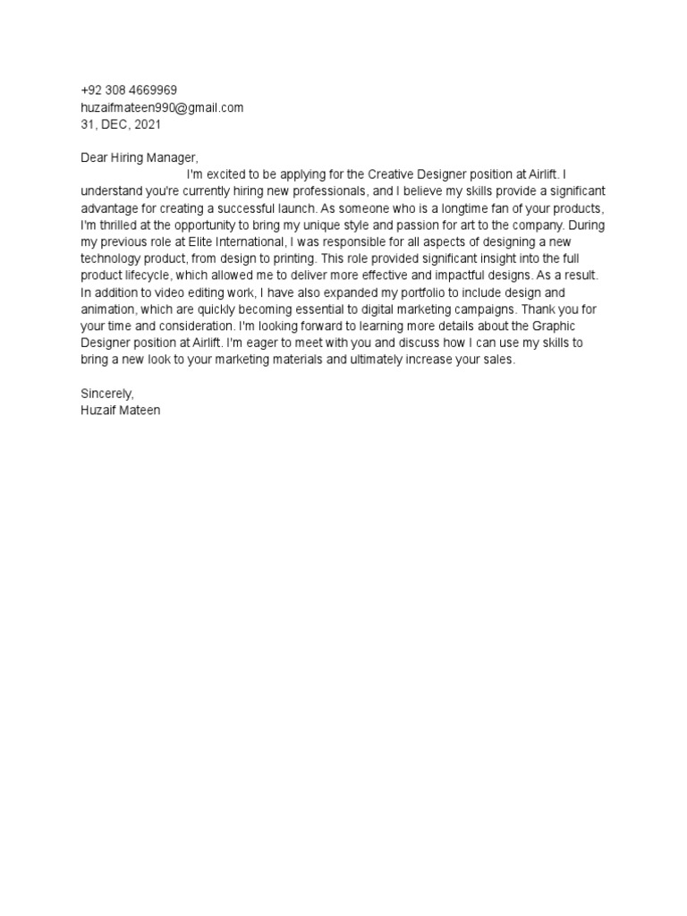 Cover Letter Huzaif | PDF