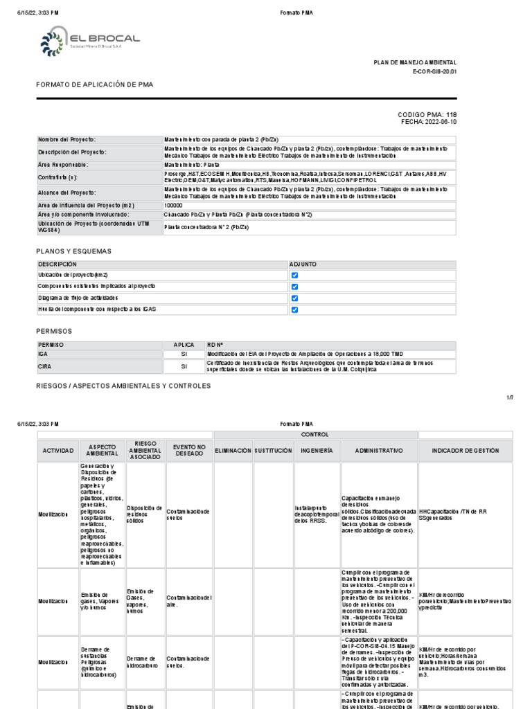 Formato de Aplicación de Pma Parada de Planta | PDF | Residuos ...