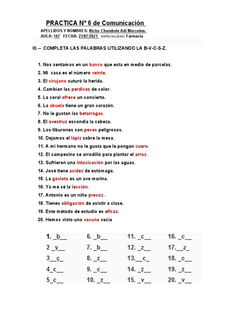 Practica de Ortografia B, V C, S, Z | PDF | Cocina, comidas y vino ...