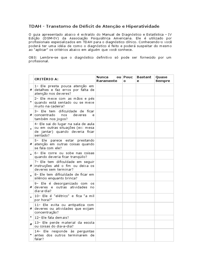 TDAH Questionário | PDF | Transtorno de déficit de atenção e ...