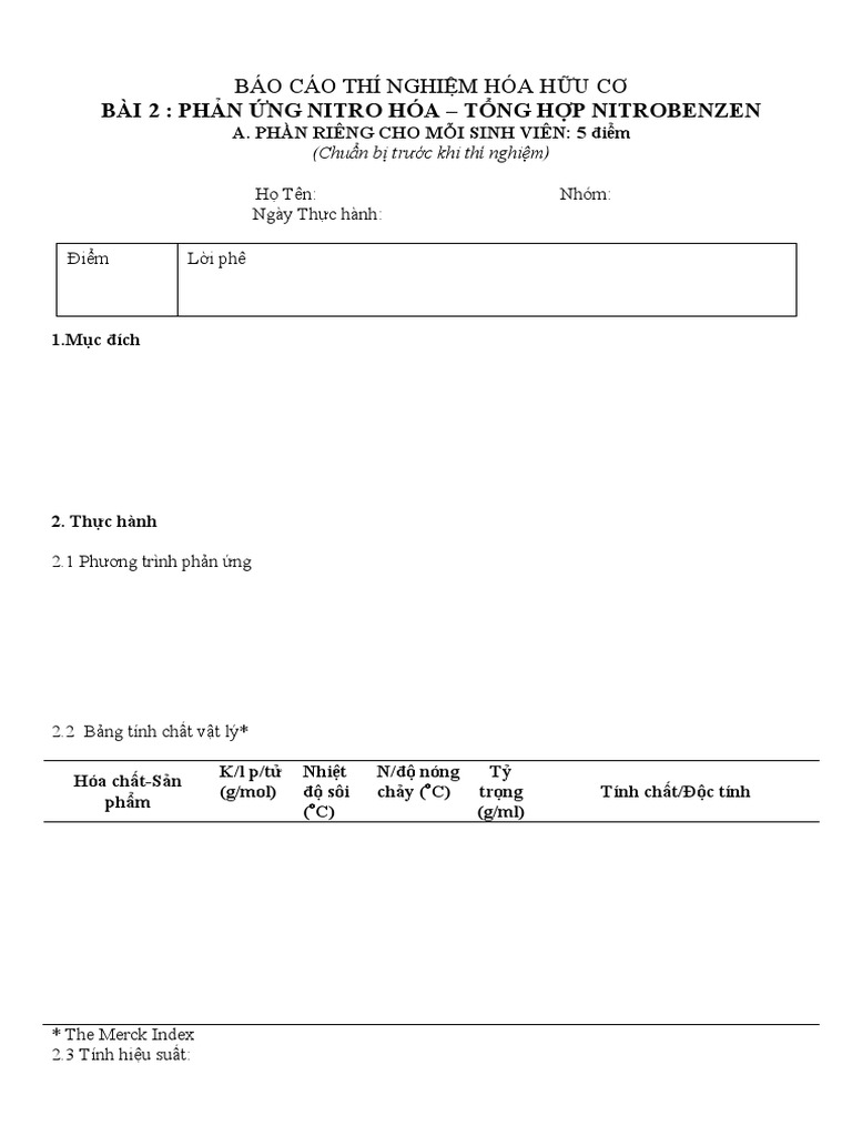 Bài 2: Phản Ứng Nitro Hóa - Tổng Hợp Nitrobenzen: Báo Cáo Thí Nghiệm ...
