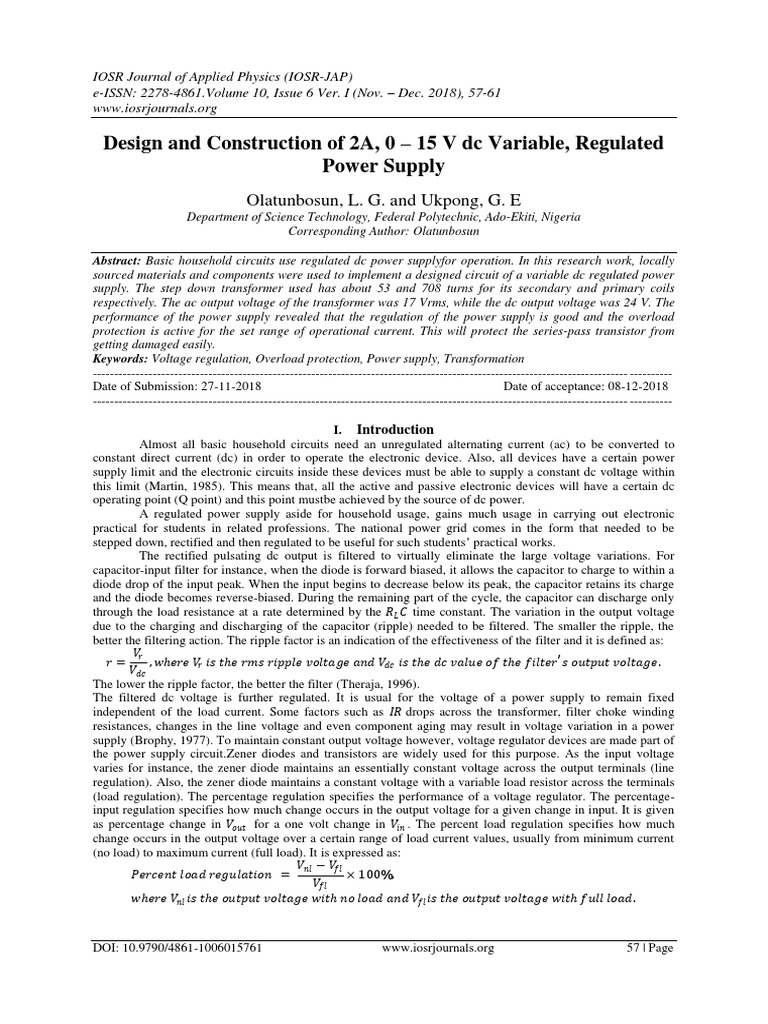 Design and Construction of 2A, 0 - 15 V DC Variable, Regulated Power ...