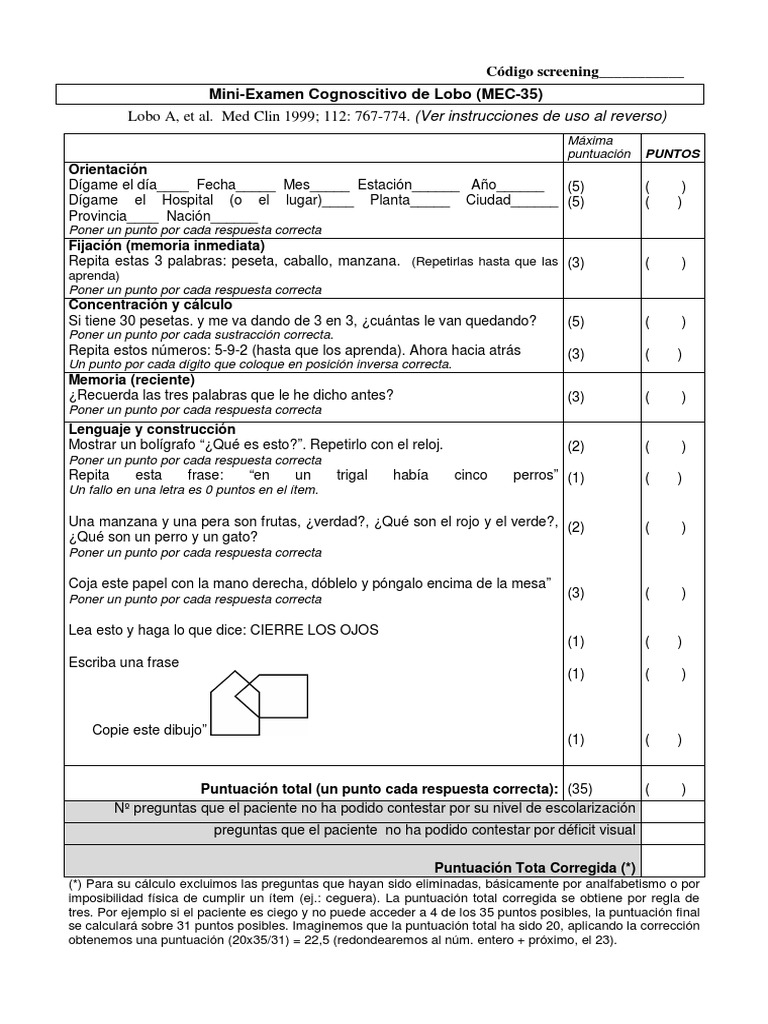 Mini Examen Cognoscitivo de Lobo - MEC 35 | PDF | Discapacidad visual | Sustracción