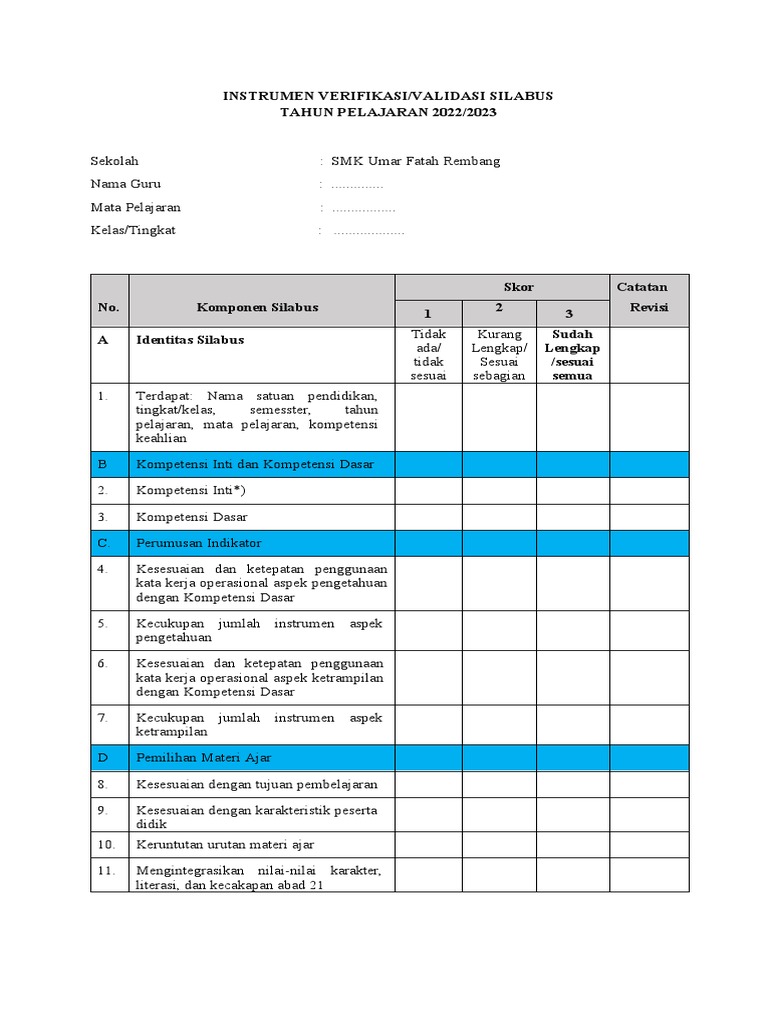 Instrumen Verifikasi Atau Validasi RPP Dan Silabus | PDF
