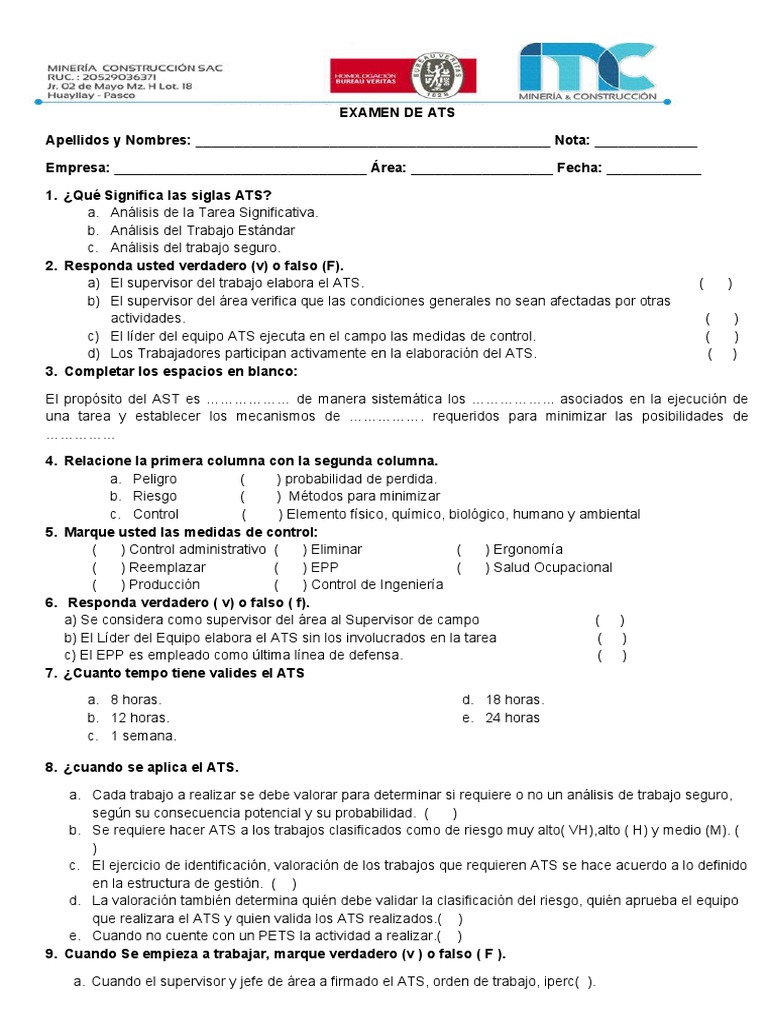 Examen de Ats | PDF | Seguridad y salud ocupacional