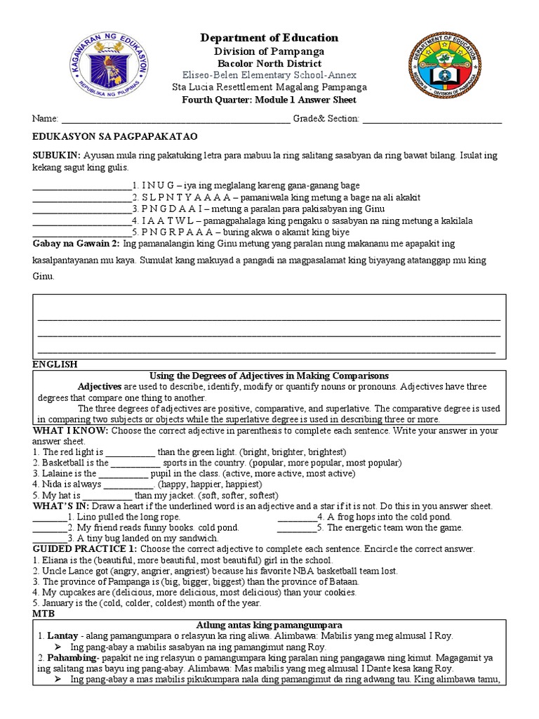 Module 1 Answer Sheet 4th QTR | PDF | Adjective | Grammar