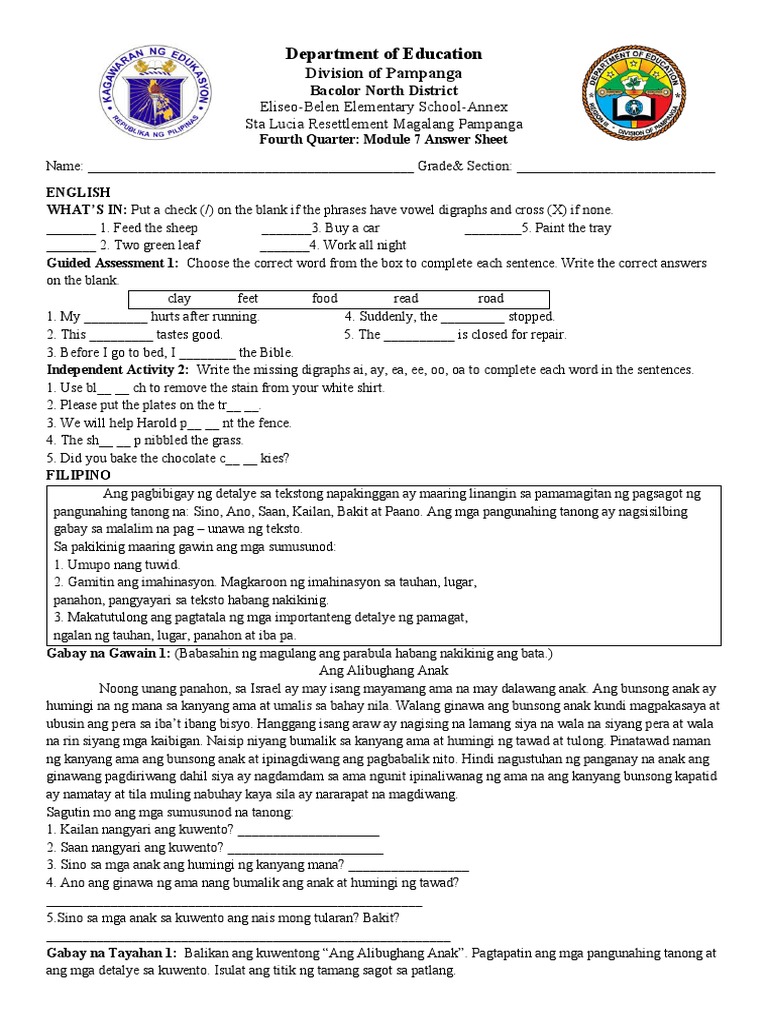 Module 7 Answer Sheet 4th QTR | PDF