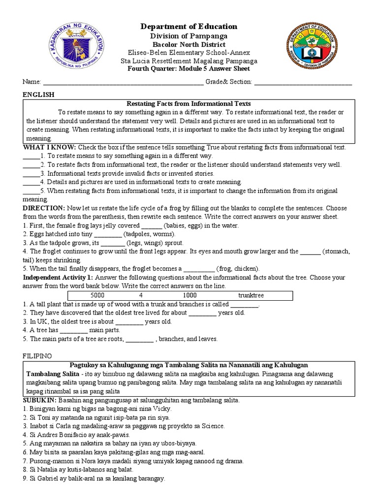 Module 5 Answer Sheet 4th QTR | PDF | Frog | Weather