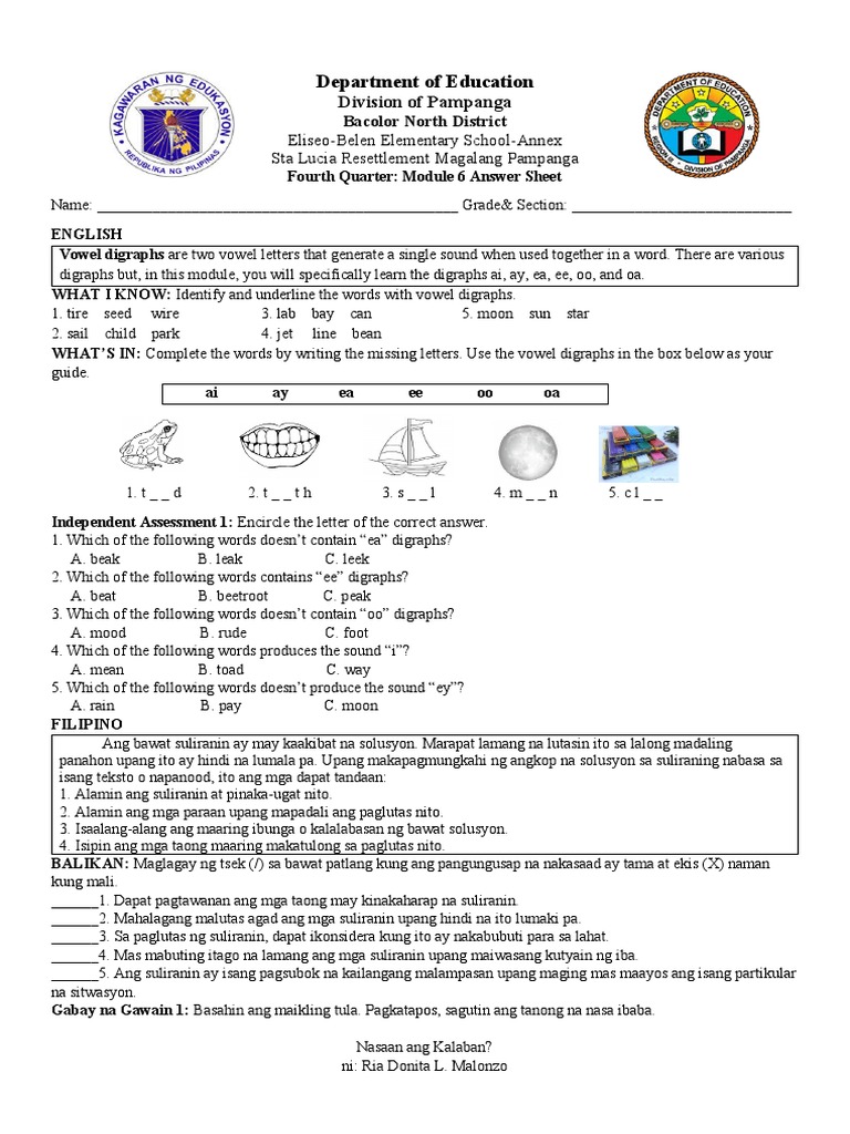 Module 6 Answer Sheet 4th QTR | PDF