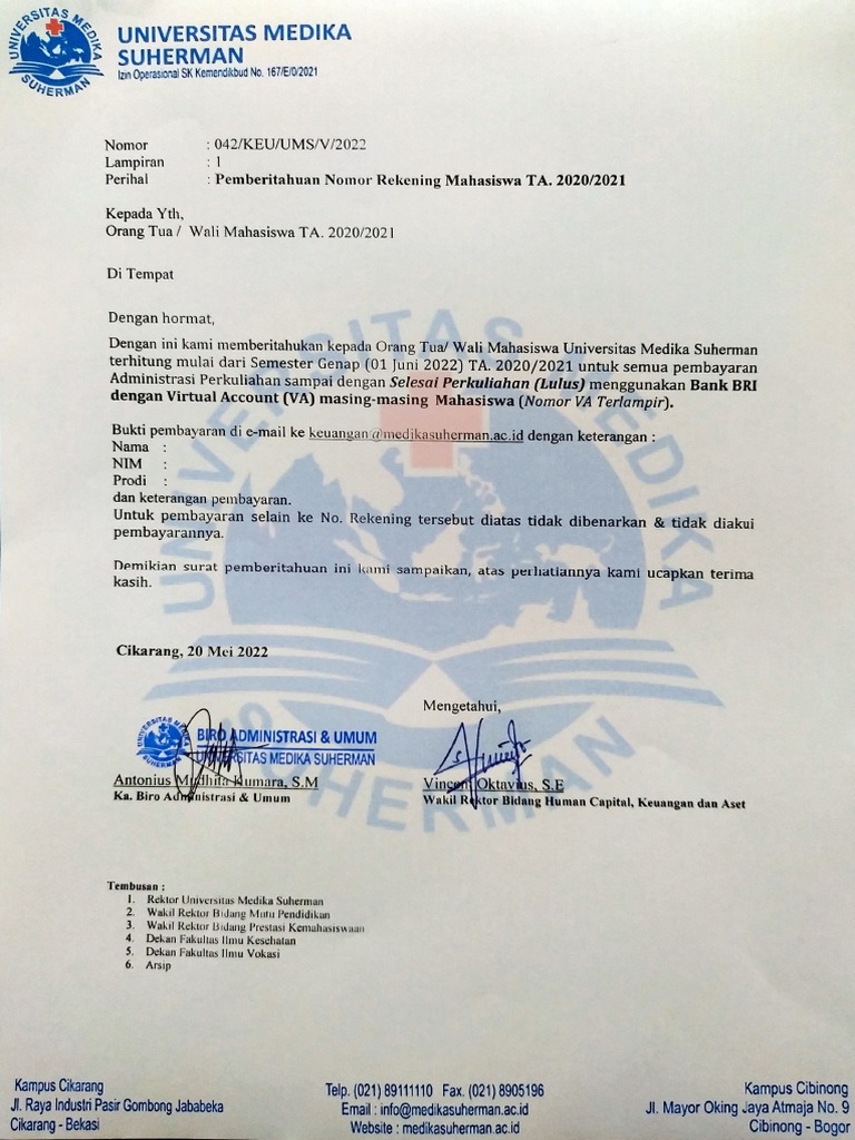 Pemberitahuan No. Rek (VA) S1 Keperawatan | PDF