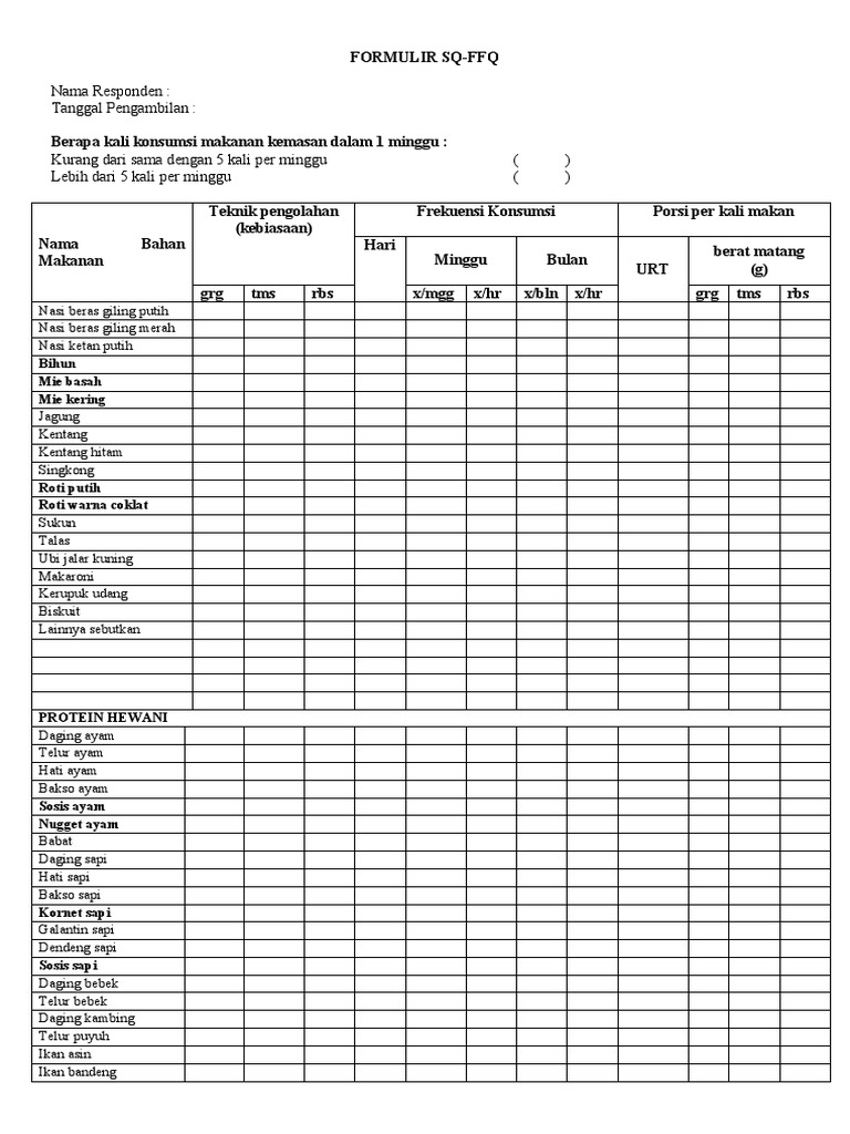FORMULIR SQ-FFQ Simple | PDF