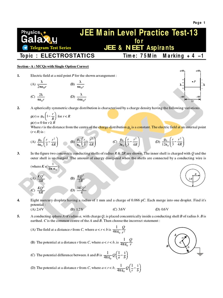 #MOCK JEE Main Practice Test-13 - Electrostatics | PDF | Electric Field ...