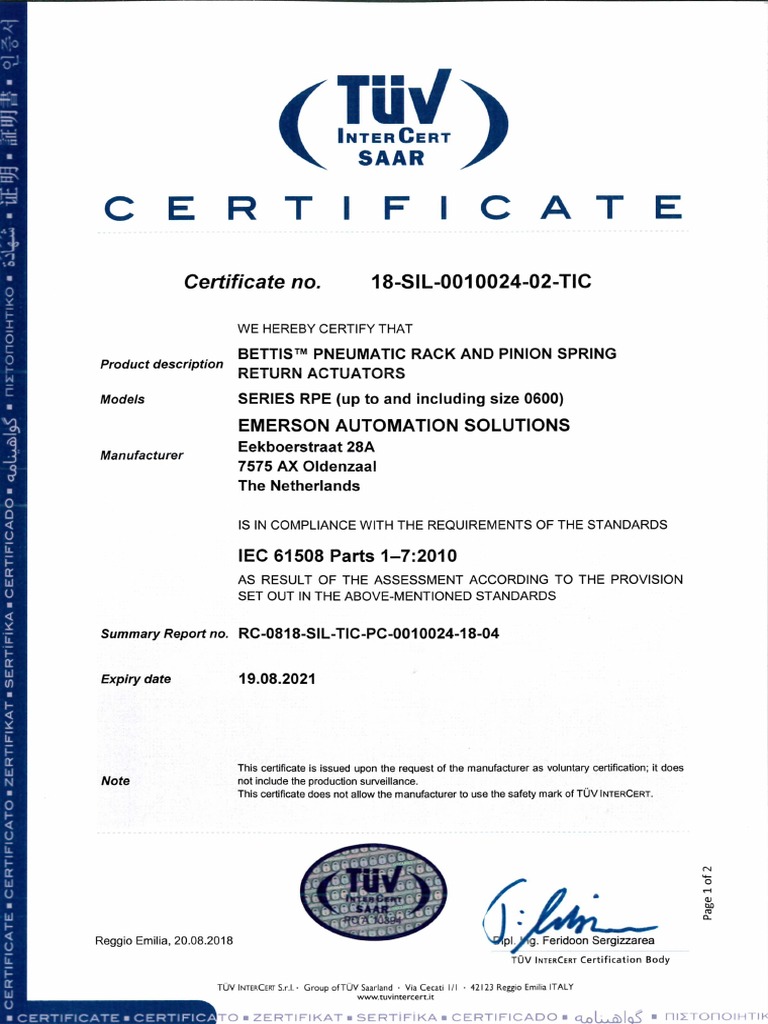 Certificate TUV (No 18-SIL-0010024-02-TIC) (Emerson Bettis Return ...