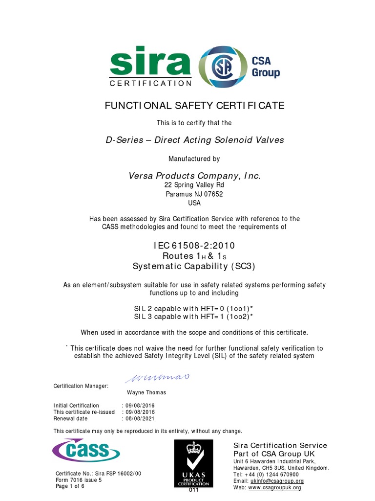 SIRA Certificate No FSP 16002 (Versa - Solenoid Valve D Series) | PDF ...