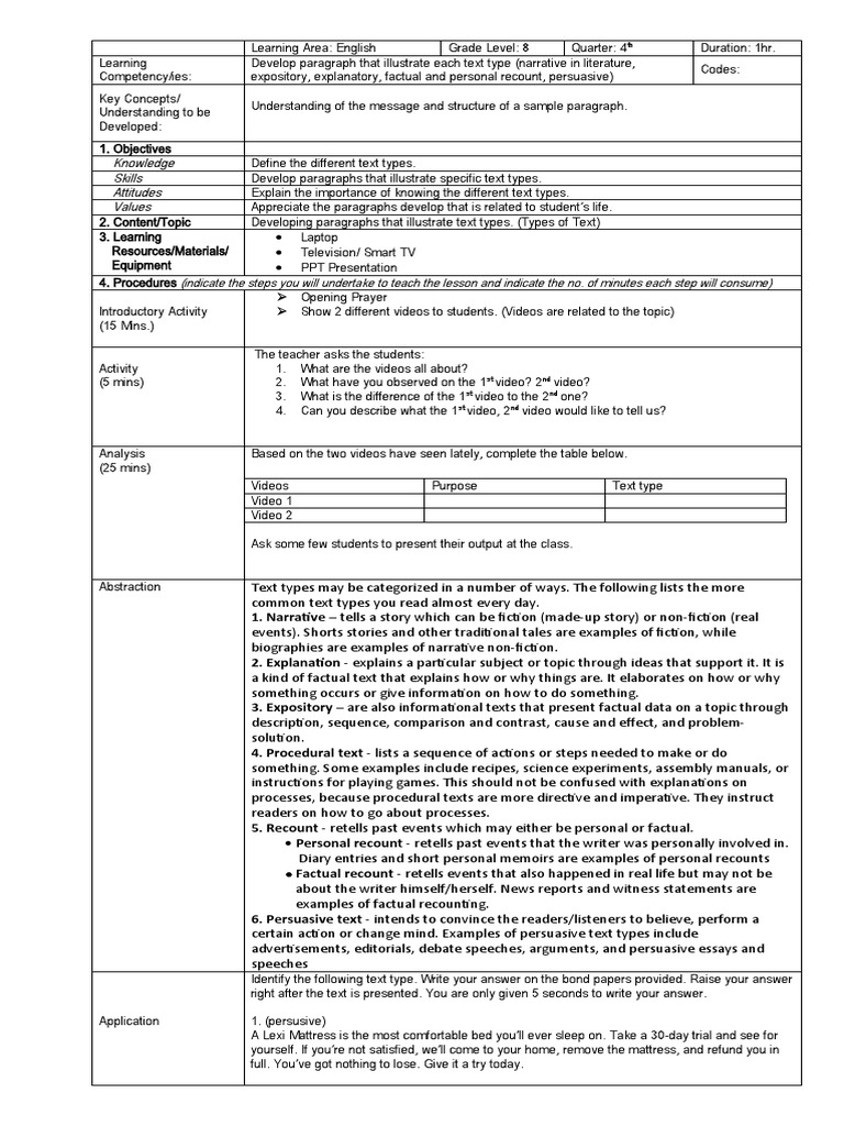 Lesson Plan: Text Type Paragraphs | PDF | Cognition | Cognitive Science