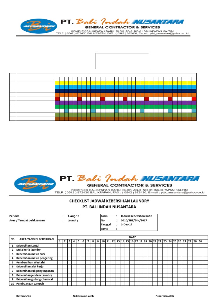 JADWAL KEGIATAN KEPERSIHAN DI LAUNDRY PT. BALI INDAH NUSANTARA | PDF